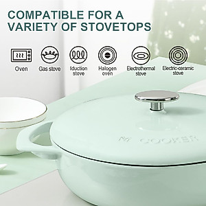 M-COOKER 3.8 Quart Enameled Cast Iron Braiser Pan with Lid，Covered Cast Iron Casserole Dish, Shallow Dutch Oven with Lid, Gift Idea for Family, Oven Safe (Mint green)
