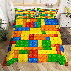 Feelyou Games Duvet Cover Full Size Building Blocks Bedding Set for Kids Boys Girls Colorful Geometric Toy Brick Comforter Cover Set Toddler Gaming Bedroom Nursery Bedspread Cover with 2 Pillowcases
