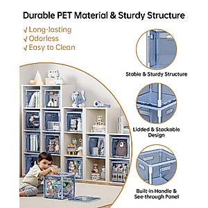 HAIXIN Storage Cube with Lid - Stackable Storage Bins Foldable Storage Box with Built-in Handles Plastic Toys Organizer Clear Storage Container for Playroom Classroom (Blue, 10.5 inch)