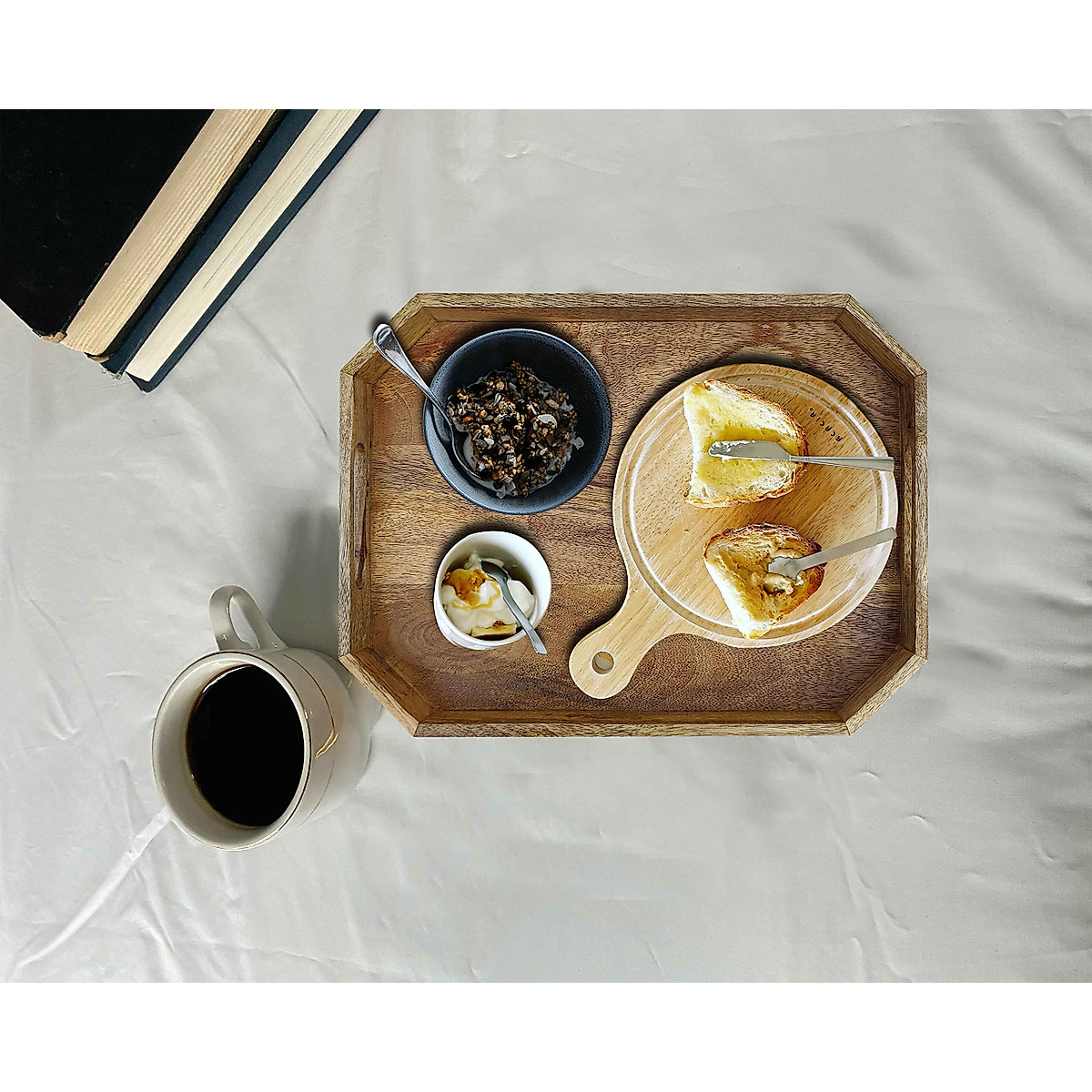 Wooden Serving Tray with Handles | Wood Bathroom Organizer Tray | Decorative | Food Safe | Water Resistant | Natural Solid Wood | Bathroom Organiser Tray