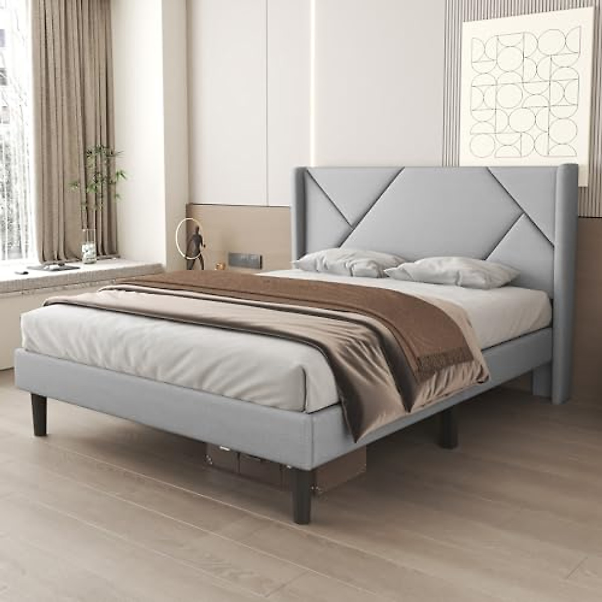 QIAYA Bed Frame Queen Size Upholstered Platform with Fabric Wingback Headboard/12 Solid Wooden Slats, Non-Slip and Noise-Free, No Box Spring Needed, Light Gray