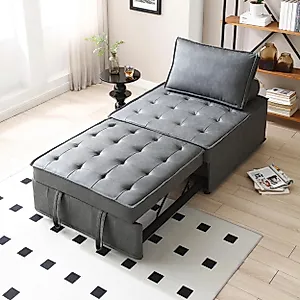 TARTOP Lazy 3 in 1 Multipurpose Faux Leather Ottoman, Convertible, Adjustable Single Sleeper Chair Sofa Bed for Living Room Apartment,Dark Grey