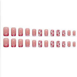 Foccna Square False Press on Nails Pink Medium Acrylic Fake Nails Flower Design for Girl Full Cover Wear Finger Nail Art Tips for Women&Girls 24PCS