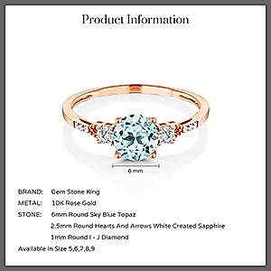 Gem Stone King 10K Rose Gold 6MM Round Gemstone Birthstone White Created Sapphire and White Diamond Accent 3-Stone Engagement Ring | Three-Stone Wedding Anniversary Promise Ring For Women