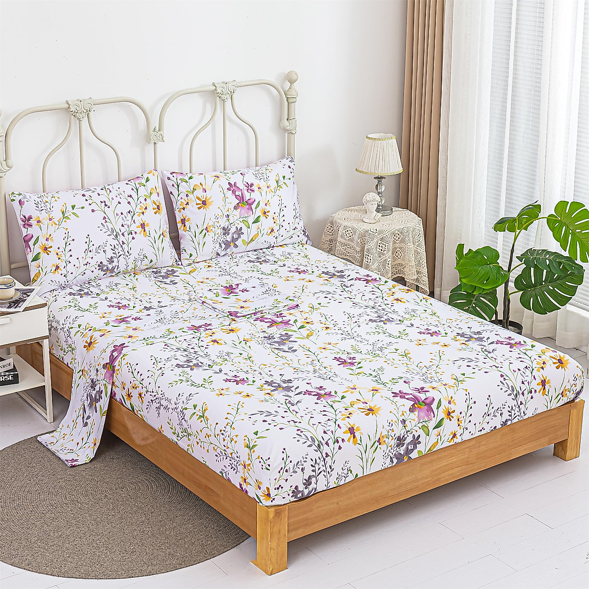 RYNGHIPY Cotton Floral Bed Sheet Set Full Size Botanical Flowers Print Girls Bedding Shabby Garden Floral Bed Sheets