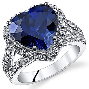 PEORA Created Blue Sapphire Signature Heart Ring for Women 925 Sterling Silver, Large 6.50 Carats Heart Shape 11mm, Size 6