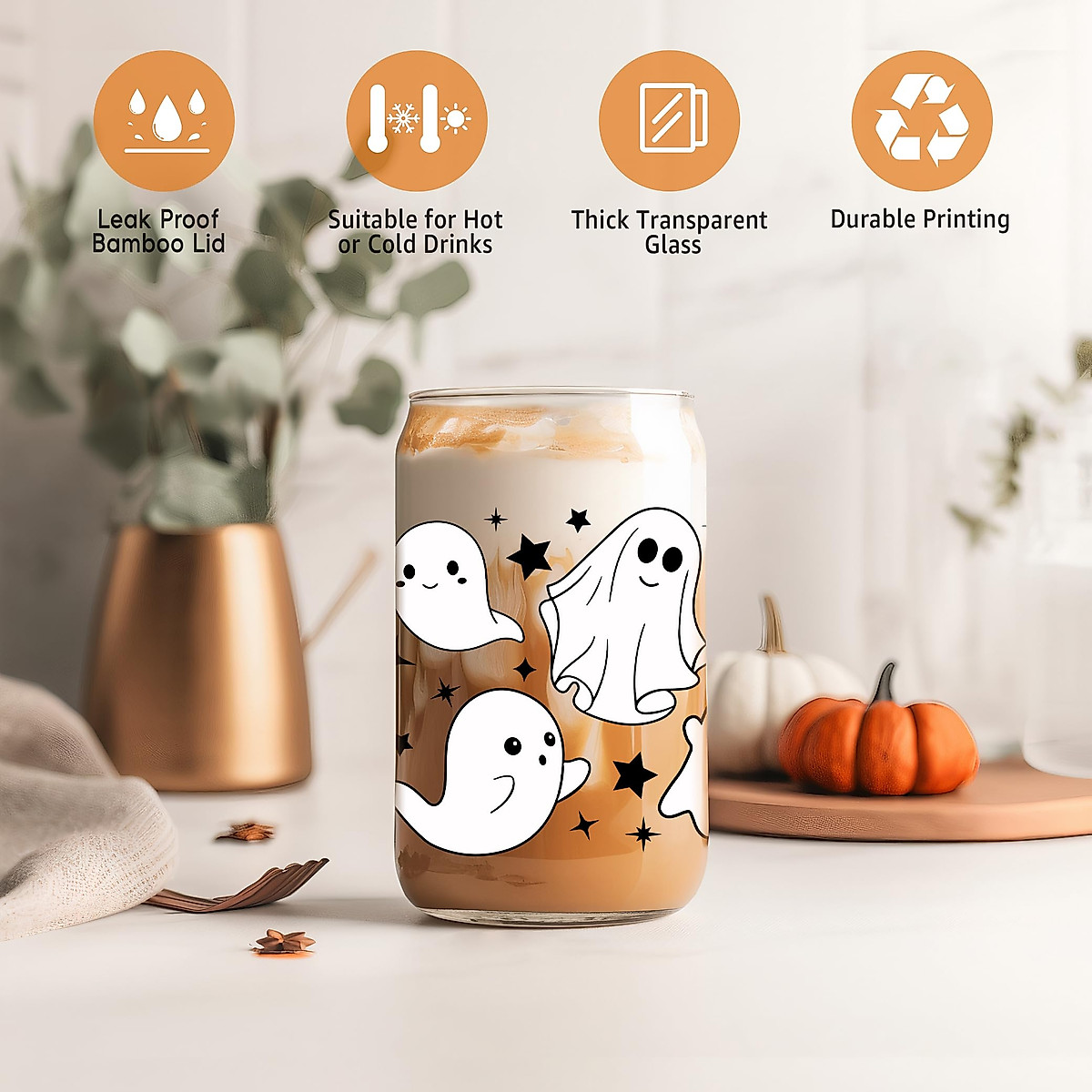 Coolife Ghost Halloween Cup, 16 oz Tumbler Glass Cups w/Lids Straws - Spooky Iced Coffee Cup, Smoothie Cup, Cute Halloween Gifts for Women, Girls, Spooky Gifts for Teens, Boys, Her