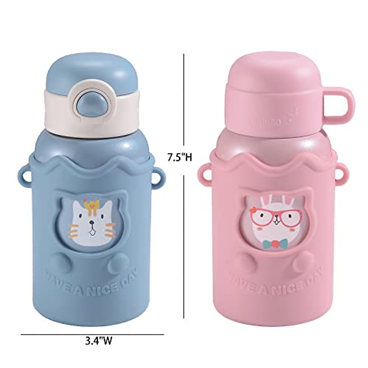 17 oz Kids Insulated Water Bottles with Sleeve - BPA Free Leakproof Sport stainless steel Motivational Water Bottle with Straw & Strap & Insulated Neoprene Holder Great Gift for Kids Women Men (Pink)