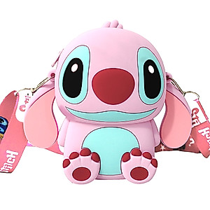 Stitch Crossbody Bag with Adjustable Shoulder Strap,ANEIMIAH Lilo and Stitch Birthday Gifts for Girls Women Kawaii Purse Cute Pink Silicone Mini Anime Stich Coin Wallet Stich Cartoon Bag