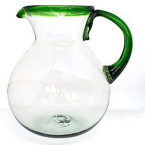 MexHandcraft Emerald Green Rim 120 oz Large Bola Pitcher, Recycled Glass, Lead-free, Toxin-Free (Pitcher)