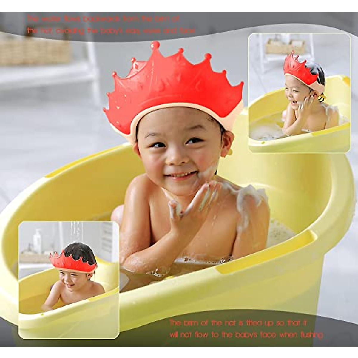 FUSACONY Baby Shower Cap Shield, Shower Cap for Kids, Visor Hat for Eye and Ear Protection for 0-9 Years Old Children, Cute Crown Shape Makes the Baby Bath More Fun (Pink)