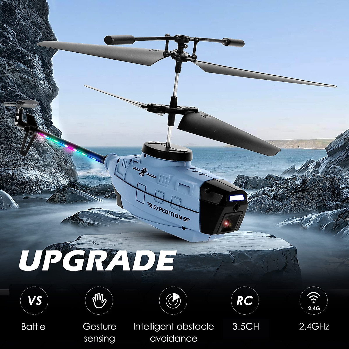 VATOS Remote Control Helicopter, 2.4GHz Obstacle Avoidance Aircraft with Altitude Hold and LED Light, 3.5CH RC Helicopter with Gyro Stabilizer, Support One Key Take Off/Landing Indoor to Fly