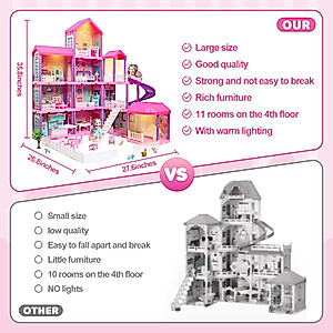 beefunni Doll House, Dream Dollhouse for Girls,Doll Houses 4-5 7-8 Year Old with 4 Stories -11 Rooms, 2 Dolls and Furniture, Princess Dollhouse 2024 Christmas Toy Gifts for 3 4 5 6 7 8+ Year Old Girls