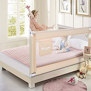 welspo 70 Inches Bed Rail for Toddlers Fold Down Safety Baby Bed Guard Swing Down Bedrail for Convertible Crib, Kids Twin, Double, Full Size Queen & King Mattress, Beige [Upgraded] (1 Pack)
