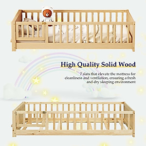 Tatub Twin Floor Bed with Slats, Montessori Bed with Rails, Kids Floor Bed with Built-in Book Storage Rack, Solid Wood Montessori Bed Frame with Door, Nature