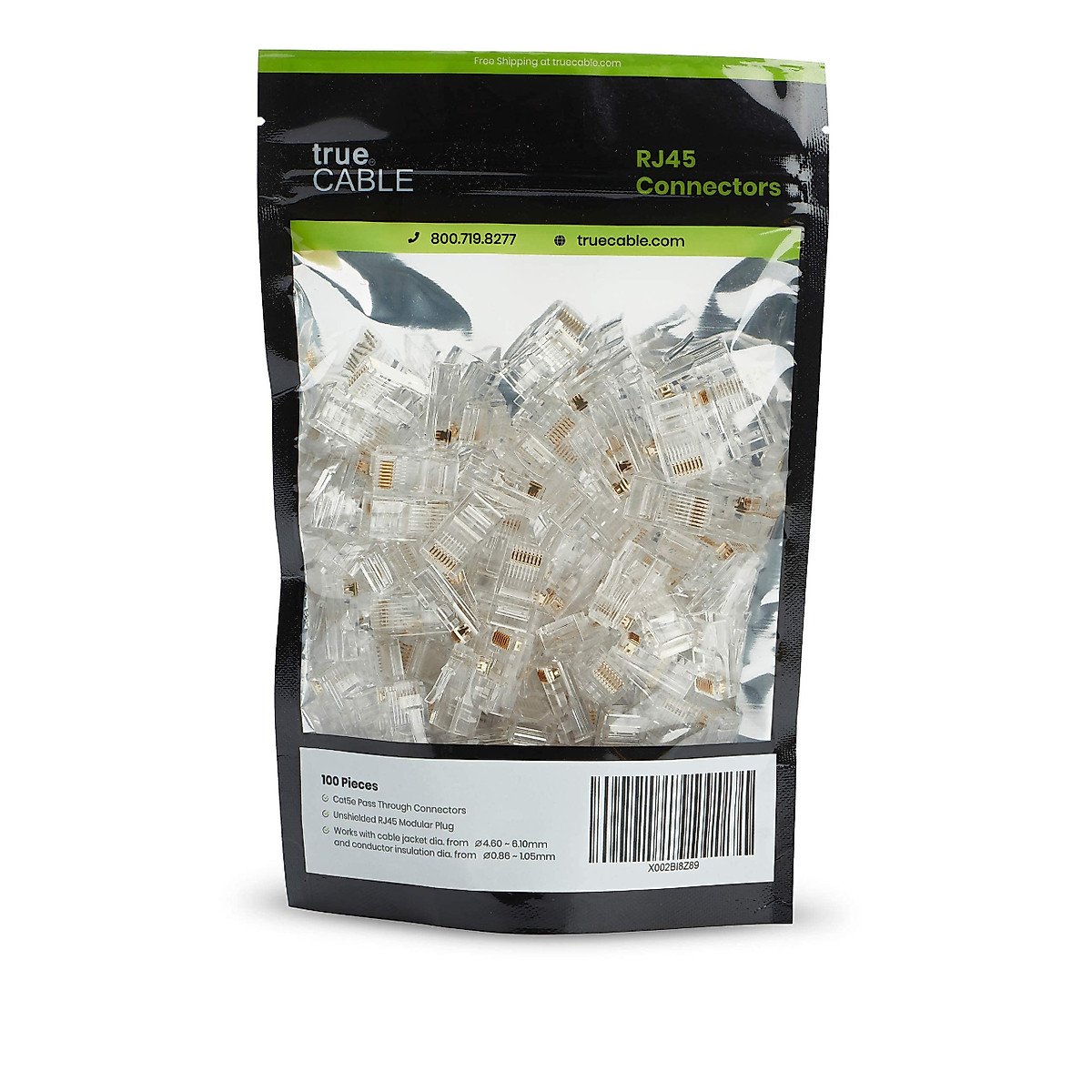 trueCABLE Cat5e RJ45 Pass Through Connectors, Unshielded (UTP) Modular Plug, UL Listed, EZ Crimp End, Gold Plated 3 Prong 8P8C, 100 Pieces