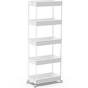 SPACEKEEPER 5-Tier Storage Cart, Bathroom Storage Organizer Rolling Utility Cart, Mobile Shelving Unit Slide Out Storage Shelves for Kitchen Living Room Bathroom Laundry Room & Dressers, White