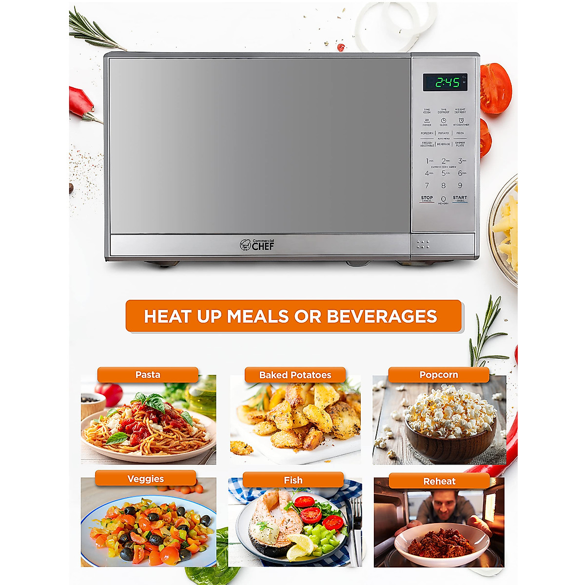COMMERCIAL CHEF 0.7 Cu Ft Microwave with 10 Power Levels, 700W Microwave with Digital Display, Countertop Microwave with Child Safety Door Lock, Programmable with Push Button, Stainless Steel