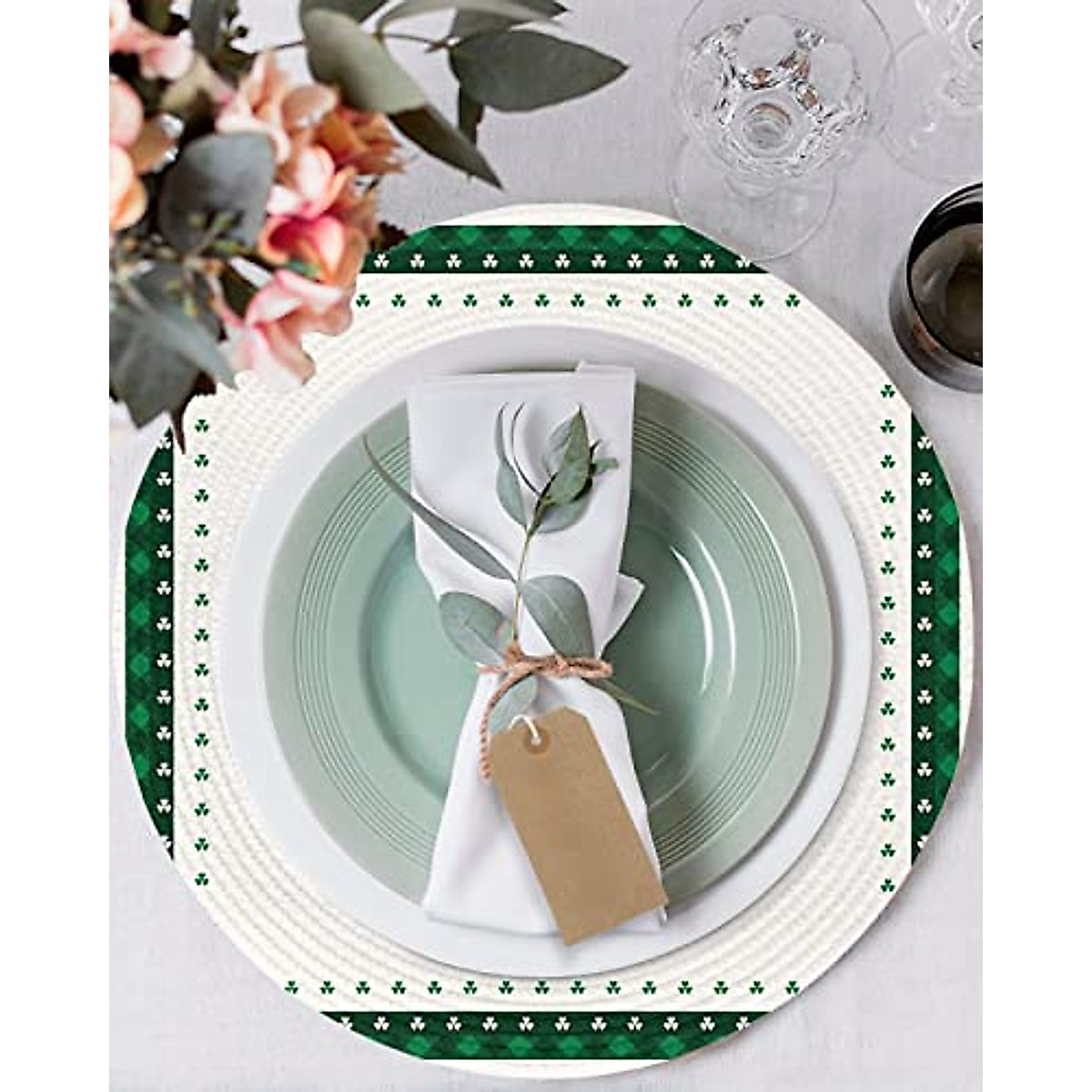 15" Round Braided Placemats Set of 2 St. Patrick Clover Shamrocks Classic Stylish Woven Place Mats Table Mats Set-Thick Heat Resistant Kitchen Trivet Hot Pads Pot Holder for Dining Tables