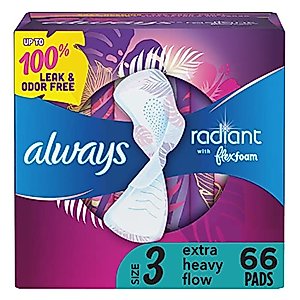 Always Radiant Feminine Pads For Women, Size 3 Extra Heavy Flow Absorbency, With Flexfoam, With Wings, Unscented, 66 Count