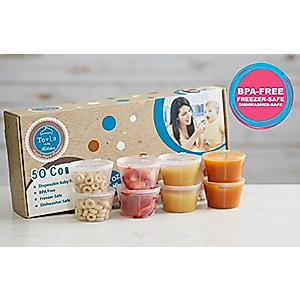 50 Pack BPA-Free Disposable Baby Food Freezer Storage Containers Hinged Lids (3 oz) Labels | Leak-Proof | Travel Snack Cups | Store Homemade, Organic Purees | Freezer Dishwasher Safe