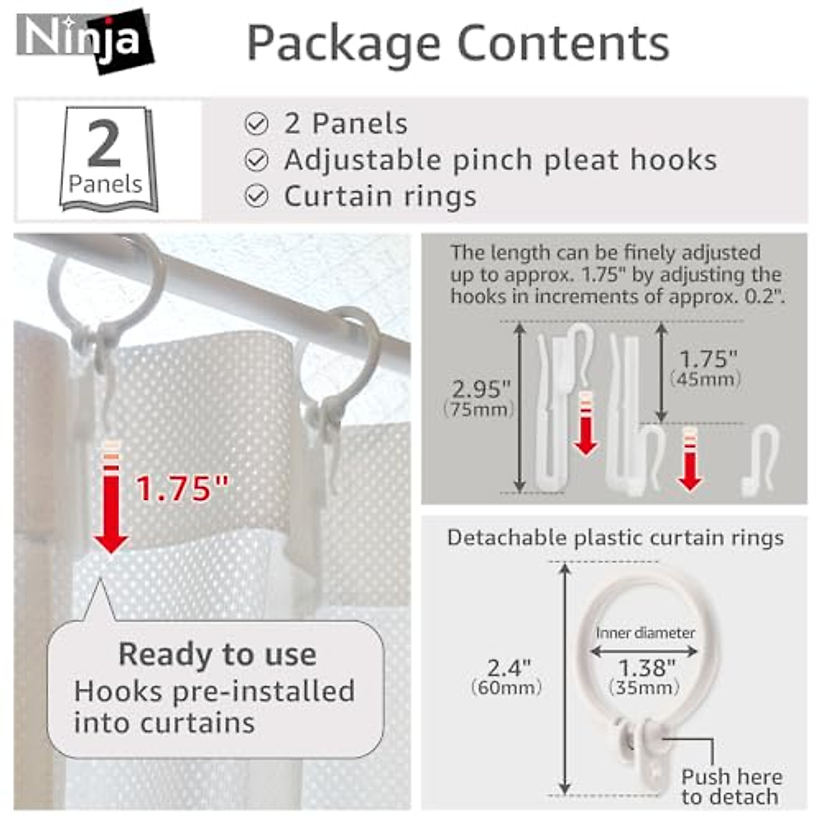 One-Way See Through Privacy Lace Curtains [Ninja], 194 Sizes, Made in Japan, Pinch Pleated 2 Panels Set, Hooks & Rings Included, Insulating, White Semi Sheer for Living Room/Bedroom, 49.2"W x 94.9"L