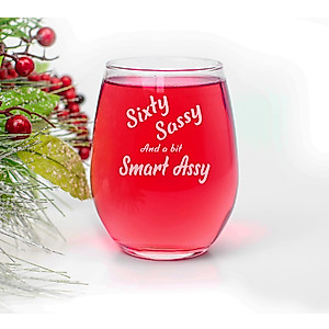 CARVELITA Sixty Sassy And A Bit Smart Assy 15oz Engraved Stemless Wine Glass, Sarcastic Gifts For Best Friends - Perfect Party Decoration Idea, 60 Birthday Gifts for Women