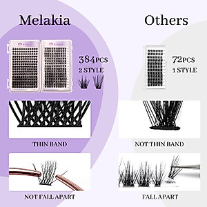 384 Pcs Cluster Lashes, Melakia 2 Style DIY Eyelash Extensions Mix 10-16mm, Thin Band Lash Clusters, Mega Soft Individual Cluster Lashes at Home （Wispy and Natural D Mix 10-16mm）