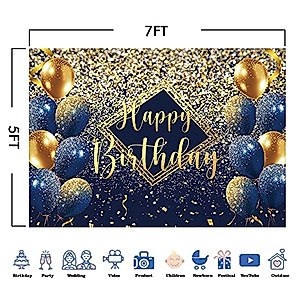 Negeek 7x5FT Polyester Fabric Royal Blue and Gold Glitter Backdrop Balloons Photography Background for Prince Prom Birthday Party Decoration Cake Table Decor Portrait Photo Banner Photo Booth