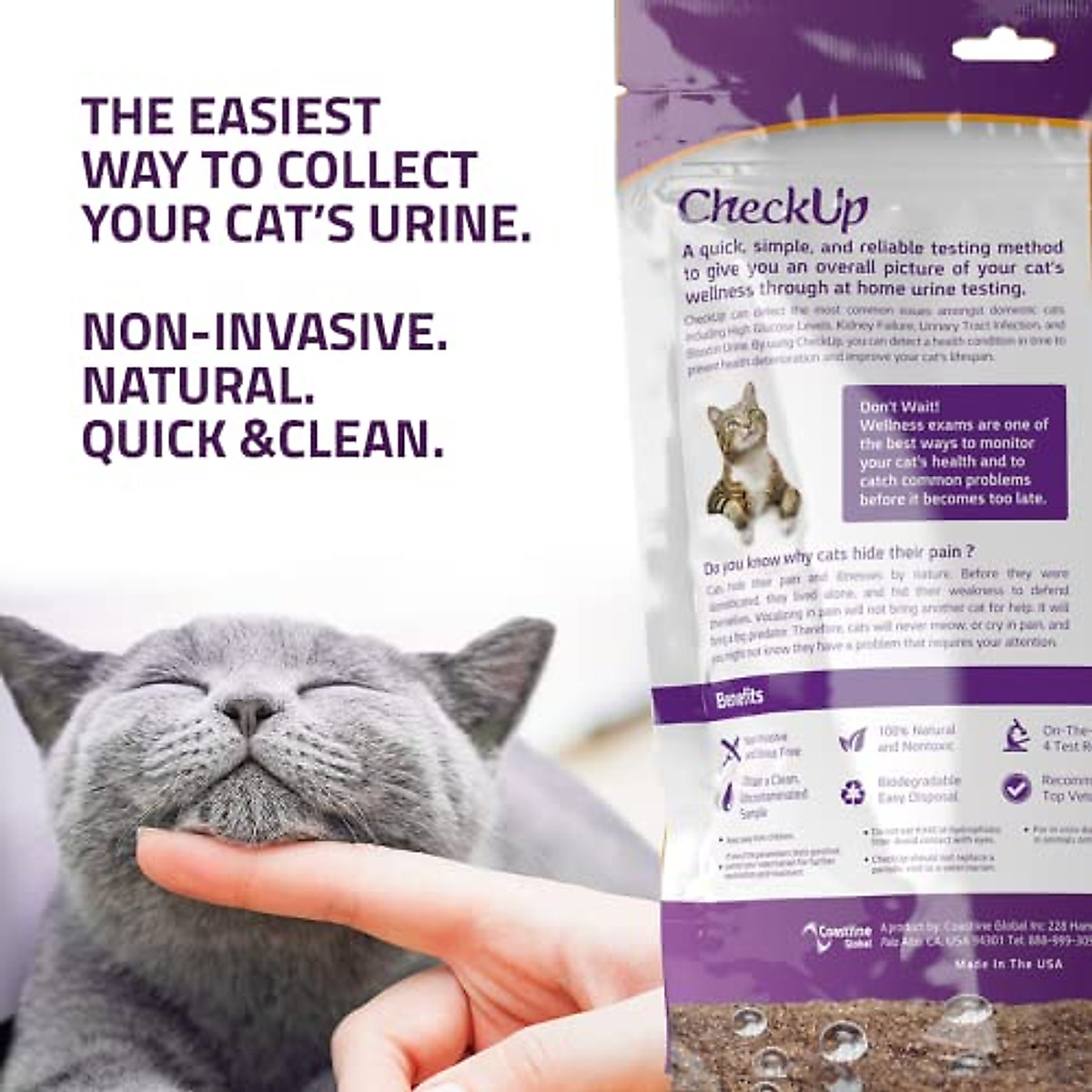 KIT4CAT CheckUp Kit at Home Wellness Test for Cats, Hydrophobic Litter for Urine Collection & Test Strips for Detection of Levels of Glucose, Protein, pH and Blood in Urine