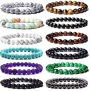 JEWPARK 12PCS 8mm Semi-Precious Gemstone Bracelet Set Healing Crystal Stone Stretch Bracelets for Men Women Round Beaded Elastic Bracelets