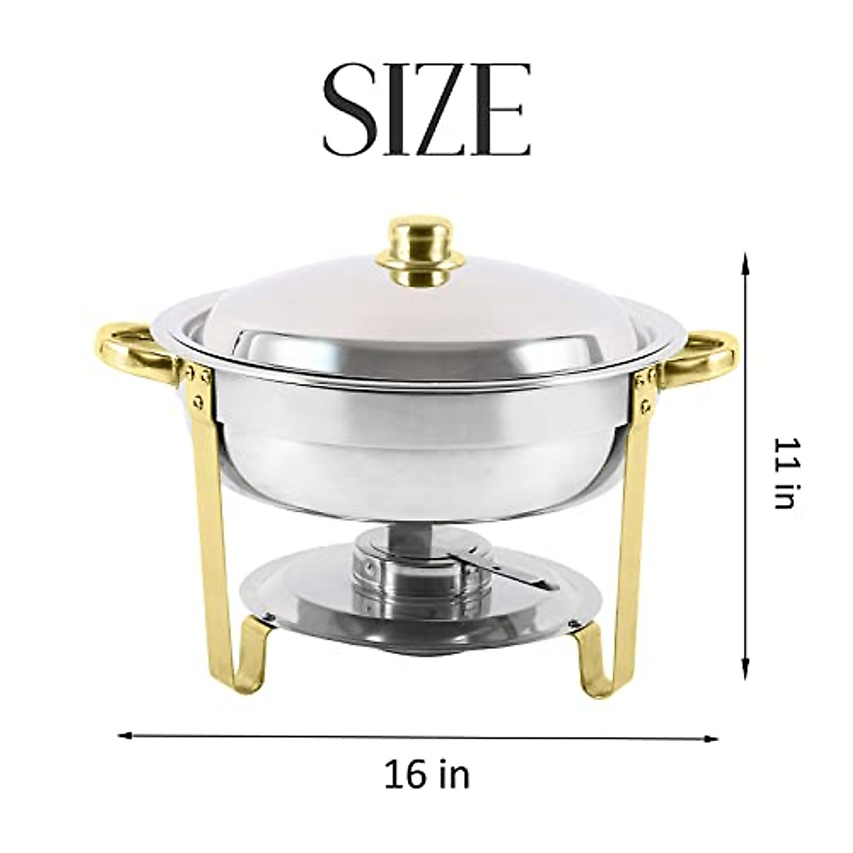 Restlrious Chafing Dish Buffet Set Stainless Steel Round Chafers and Buffet Warmers Sets 5QT 4 Pack, Complete Set for Buffet Catering w/Water Pan, Food Pan, Fuel Holder and Lid in Gold Accent