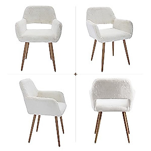 GOOLON Desk Chair No Wheels 1 PC, Modern Fluffy Office Chair, Furry Vanity Chair for Bedroom with Hollow-Out Backrest Comfy Armrest Soft Cushion Sturdy Wood Frame with Metal Legs for Home, White