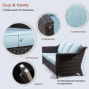 MeetLeisure 77'' Patio Sofa, All Weather Outdoor Rattan Wicker 3-Seat Sofa High Back Couch with Premium Cushions for Garden Backyard Porch(Brown/Azure)
