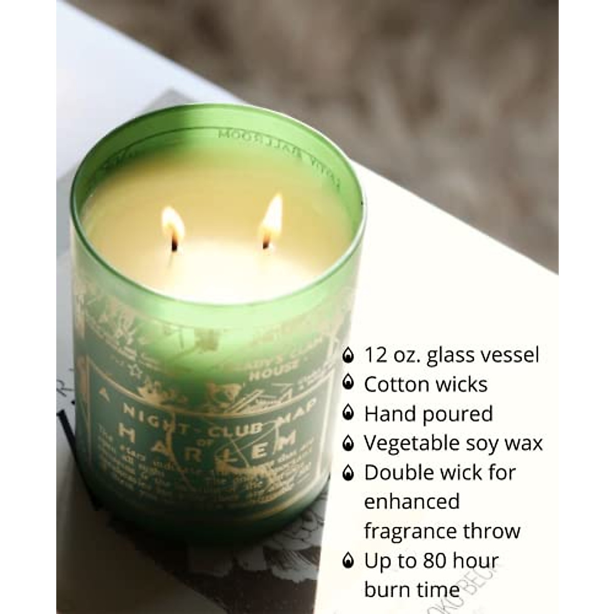 Harlem Candle Company Holiday Map Luxury Candle, 12 oz Green Glass Jar with Harlem Map Print, Double Wick, Soy Wax, Gift Box, Winter-Fresh Fir, Pine Needles and Mint-Infused Eucalyptus