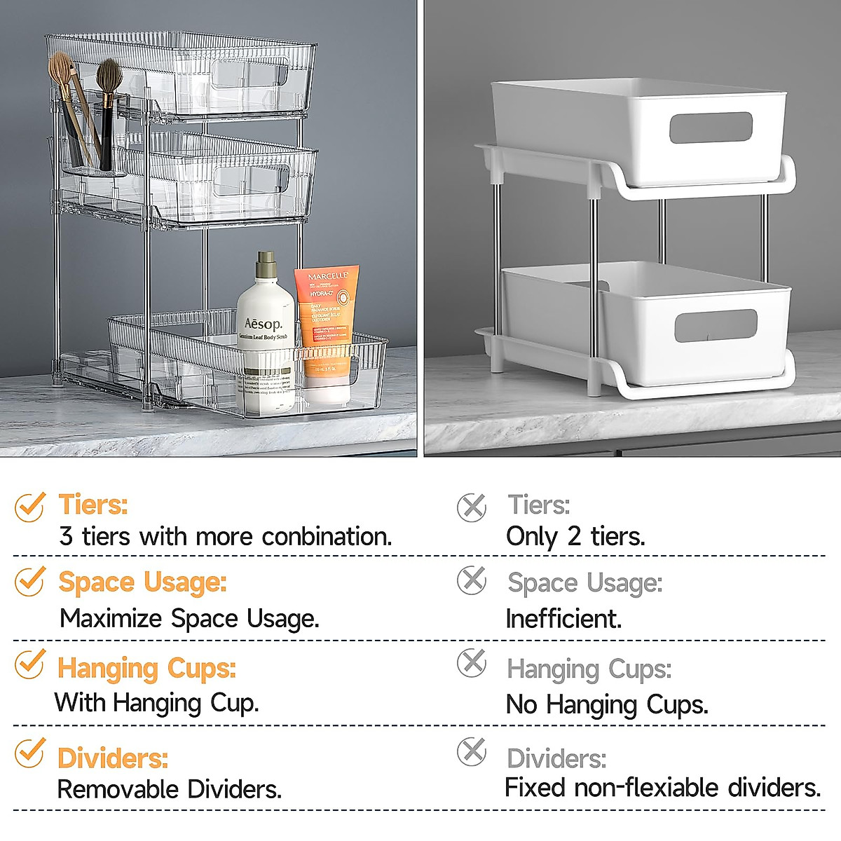 2 Pcs 3 Tier Clear Bathroom Organizer with Dividers, Multi-Purpose Pull-Out Pantry Organization and Storage, Under Sink Closet Organizers and Storage
