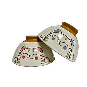 Japanese Rice Bowl Set Ceramic Blue and Pink Cute Smiling Cats Design Set of 2 Bowls Blue and Pink