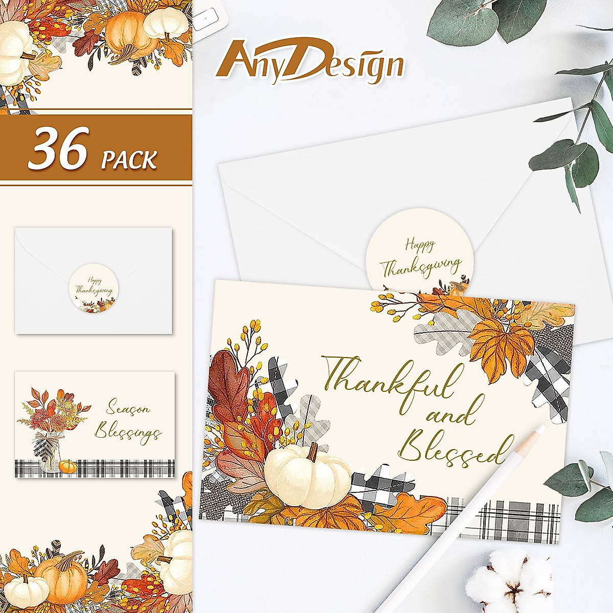AnyDesign 36 Pack Fall Thanksgiving Greeting Cards Set Black and White Plaid Note Cards with Envelope and Sticker Pumpkin Maple leaves Blank Thank You Cards for Autumn Wedding Bridal Shower Birthday