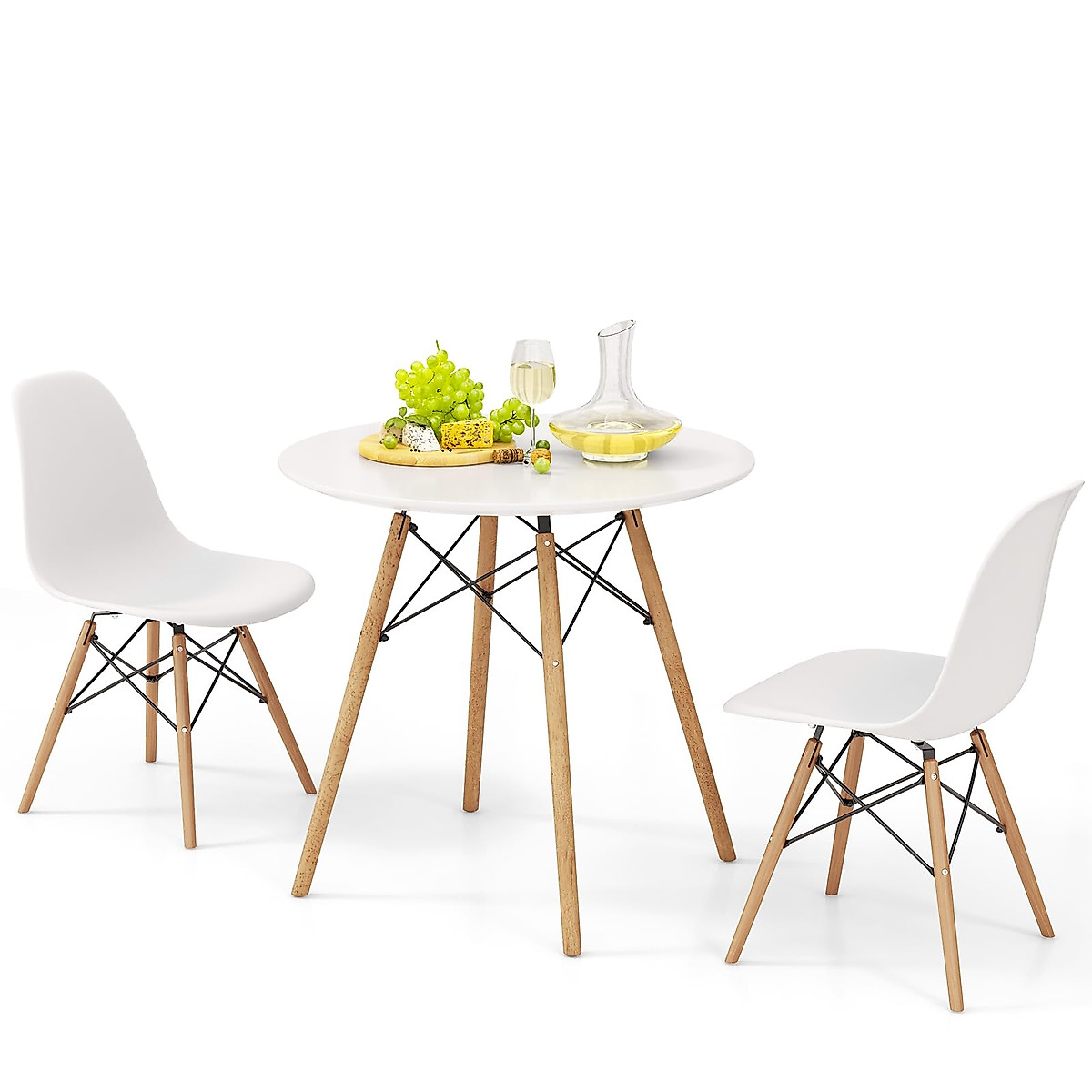 Giantex 3-Piece Dining Table Set, Modern Round 31.5" D Dining Table & 2 DSW Chairs W/Solid Wood Legs, Home Furniture Set for Small Spaces Dining Room Kitchen Restaurant, White