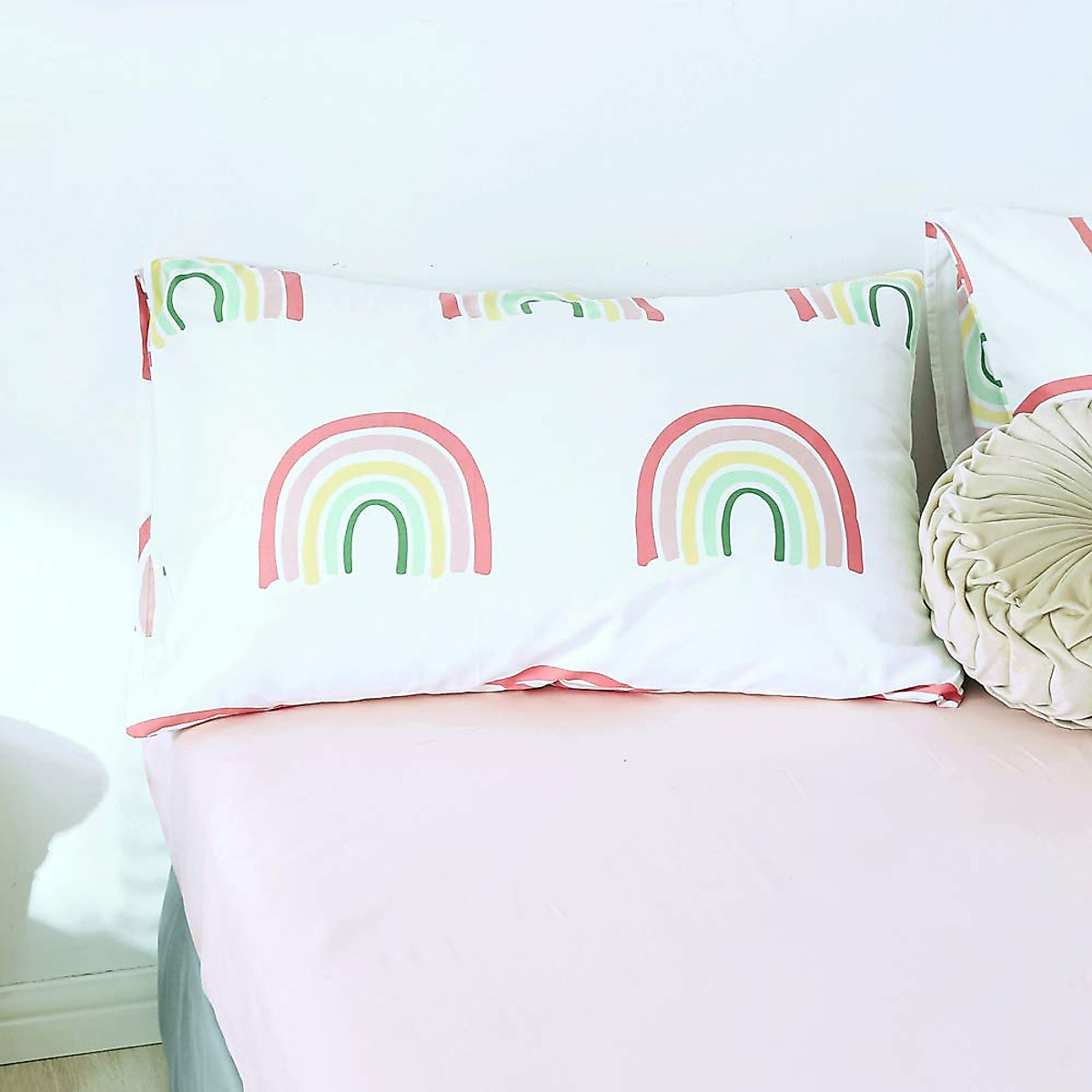 FenDie Rainbow Pattern Twin/Full/Queen Size Pillow Cases of 2 Set Girls Standard Cotton Pillow Covers Decorative, Envelope Closure End, Pink White