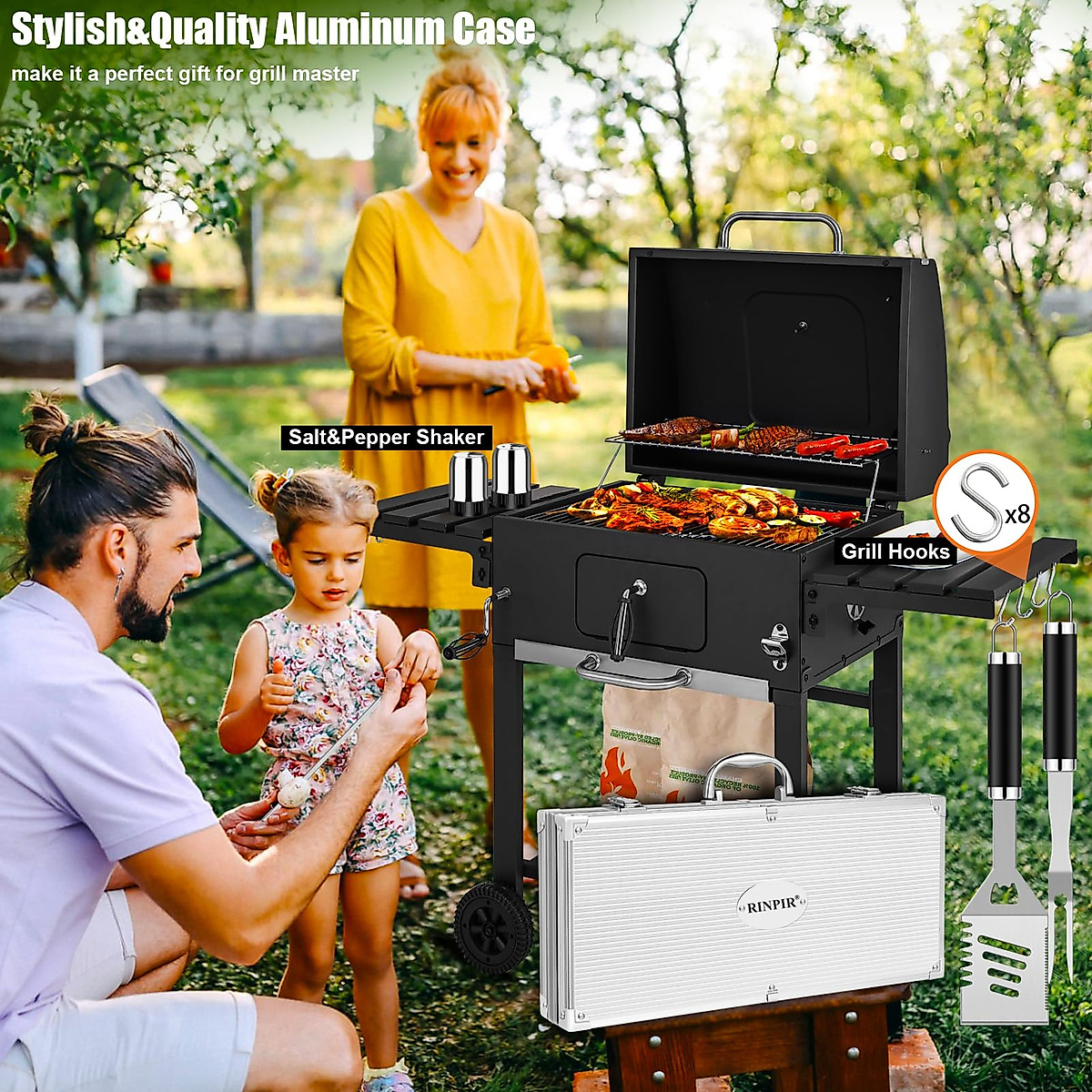 RINPIR 35pcs Deluxe Grilling Gifts Set for Birthday Christmas, Stainless Steel BBQ Accessories Kit for Men Dad, Professional Grill Tools Utensils with Scissors, Meat Claws in Aluminum Case Black