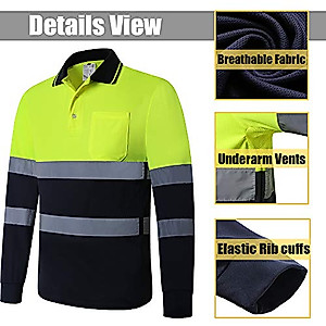 ANSI Class 2 Hi Vis Shirts Yellow Navy Long Sleeve Reflective Polo Shirt Safety Work Shirt for Construction Men and Women (Yellow Navy, Medium)