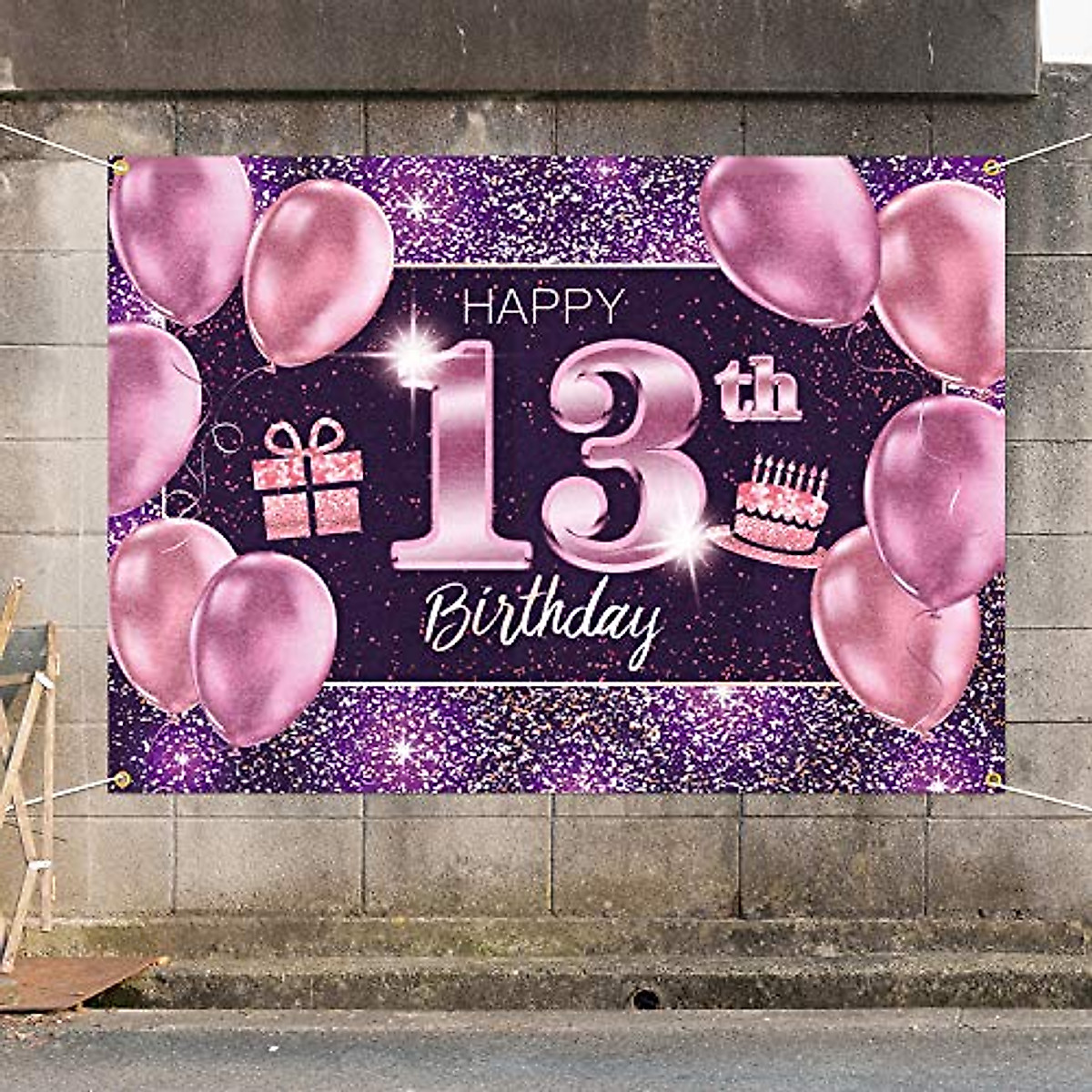 PAKBOOM Happy 13th Birthday Banner Backdrop - 13 Birthday Party Decorations Supplies for Girl - Pink Purple Gold 4 x 6ft