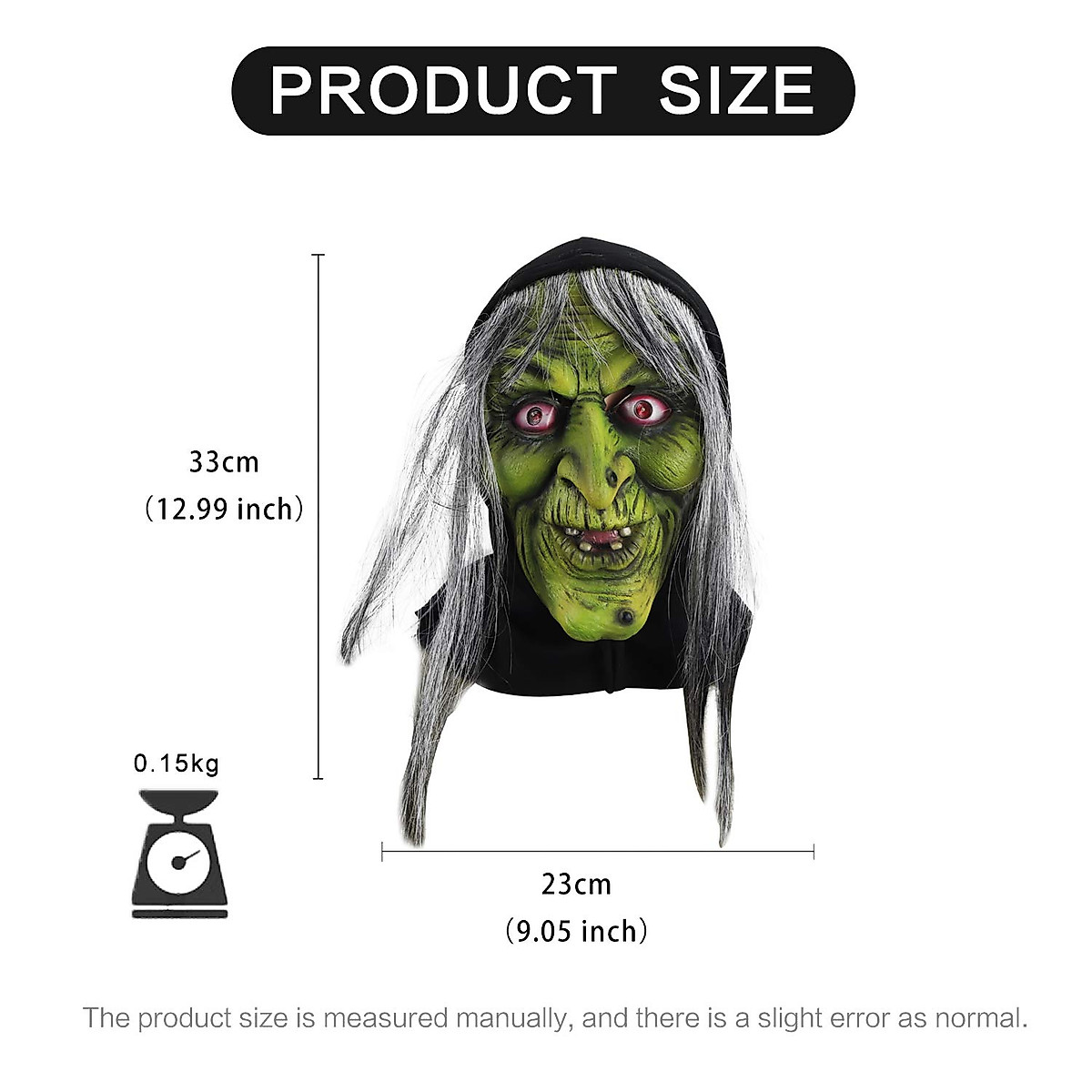 MOLEZU Halloween Witch Mask Scary Evil Costume Head Masks Creepy Adult Party Cosplay Props (LED-Green)