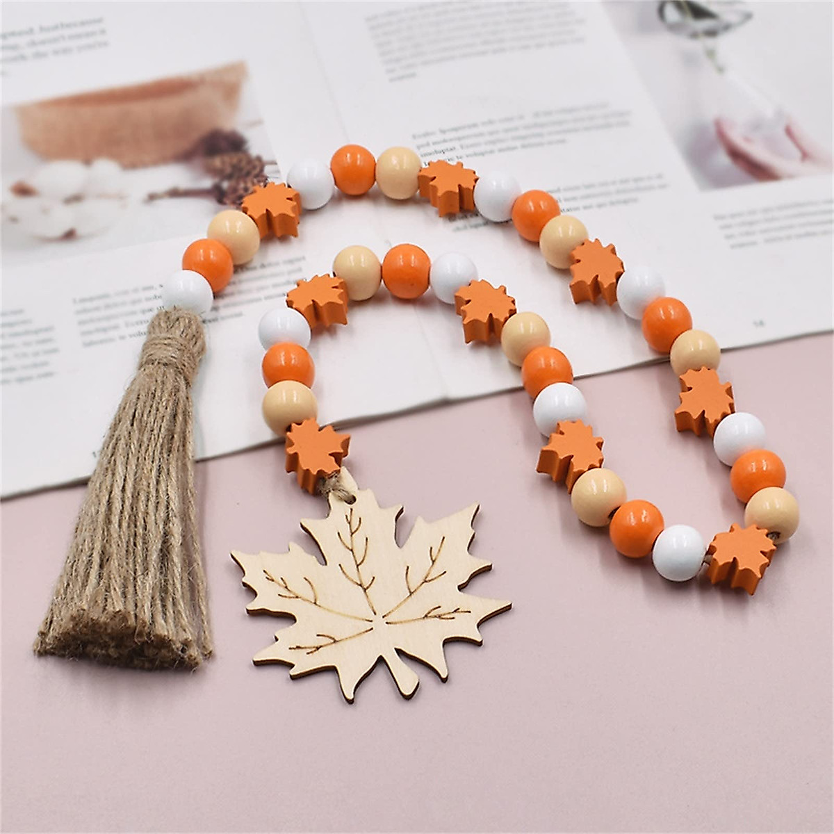 Thanksgiving Wood Beads Garland with Tassel Maple Leaves Pendant, Thanksgiving Day Wooden Bead Garland Wreath Wall Hanging for Home Party Wood Hanging Beads Ornaments