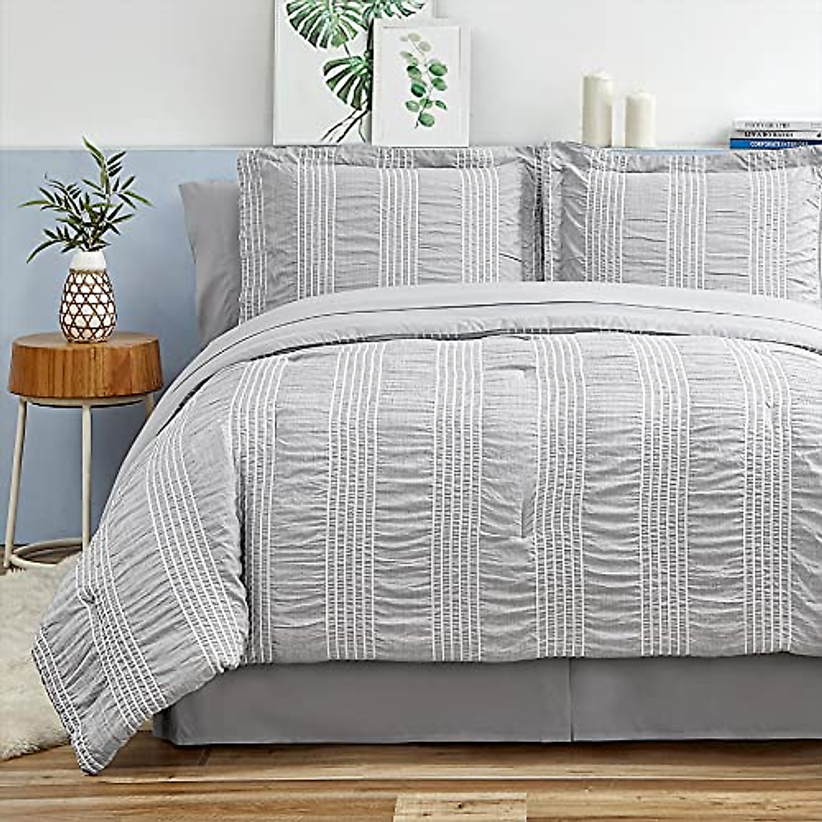 Bedsure Twin Bed in A Bag - Twin Comforter Sets 6 Piece Stripes Seersucker Bedding Set, Soft Lightweight Down Alternative Comforter Twin Bed Set(Grey 68x88 inch)