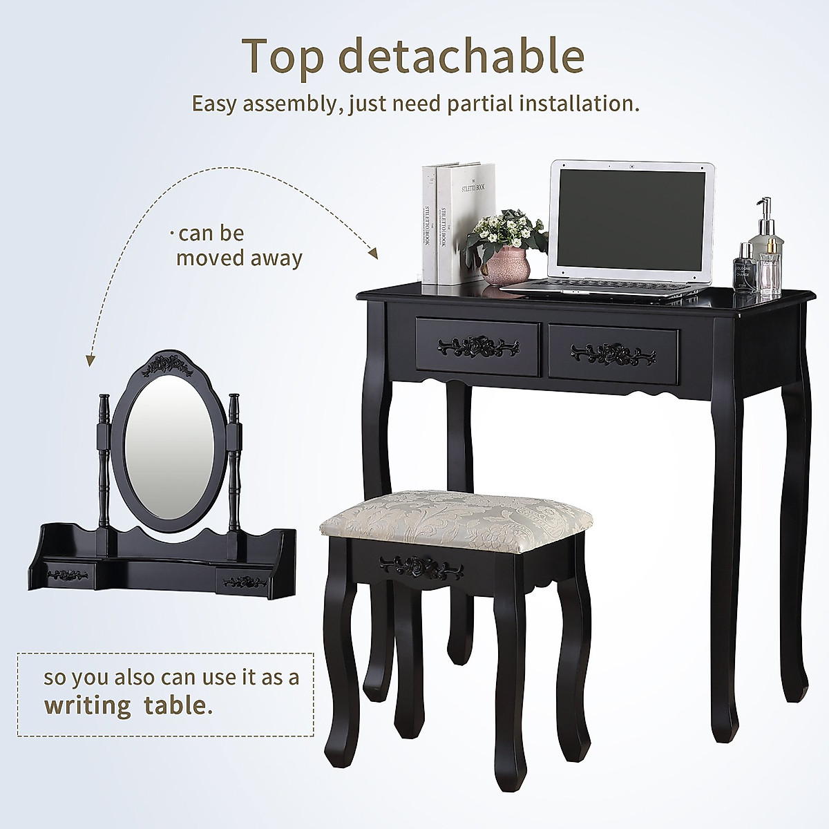 mecor Vanity Table Set/Oval Mirror,Wood Makeup Table w/4 Drawer Storage,Bedroom Dressing Table with Cushioned Stool for Girls Women Black
