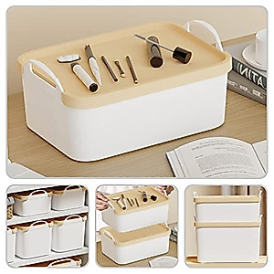 Cabilock 2pcs Plastic Storage Baskets with Lids Shelf Organizer Bins with Handle Stackable Storage Box Containers Makeup Cosmetic Organizer for Shelves Drawers Desktop Closet