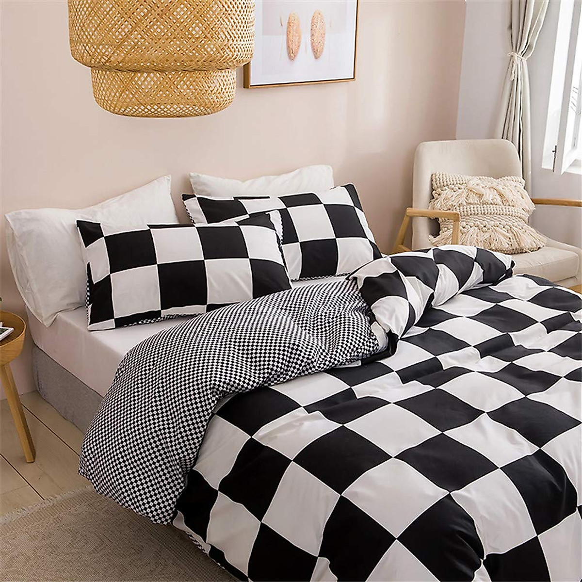 Black and White Plaid Duvet Cover Set Full Size, Reversible Geometric Grid Bedding Quilt Cover for Boys Teens Adults Room Decor, Soft Lattice Checkerd Comforter Cover with 2 Pillowcases, No Filler