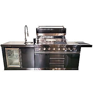 MCP Island Grills Black Stainless Steel 6 Burner 2 Modular Piece Marble Top BBQ Outdoor Electric Propane Grill Kitchen with Refrigerator, Sink, Side Burner, LED Lights on Knobs, & Protective Cover